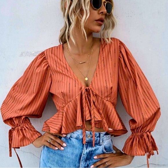 SHEIN | Tops | Pink Coral Crop Long Sleeve Peplum Ruffle Top Size ...